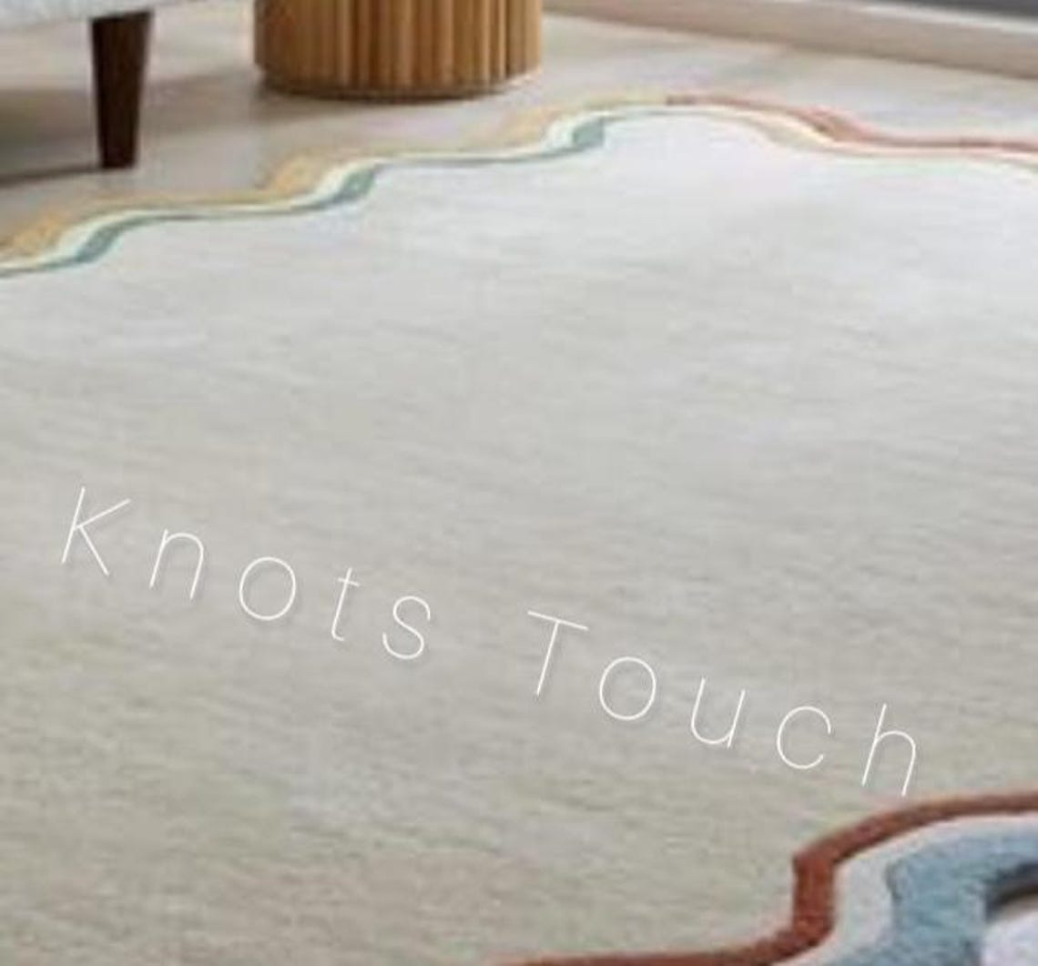 Hand Tufted Cream Wavy Border Rug, Modern Scalloped Wool Carpet ...