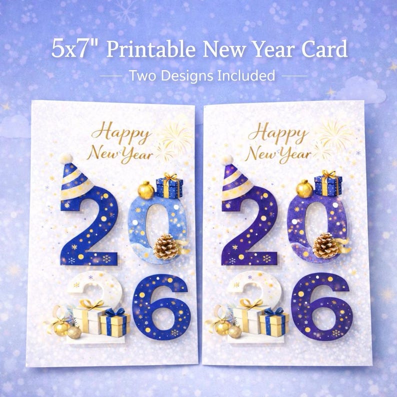 New Year 2026 Printable Card, 5x7 Inch Elegant Gold New Year Greeting ...