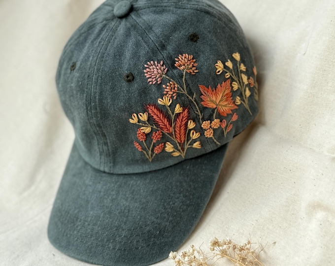 Embroidered Floral Baseball Cap: Handmade Moss Green Cotton Hat ...