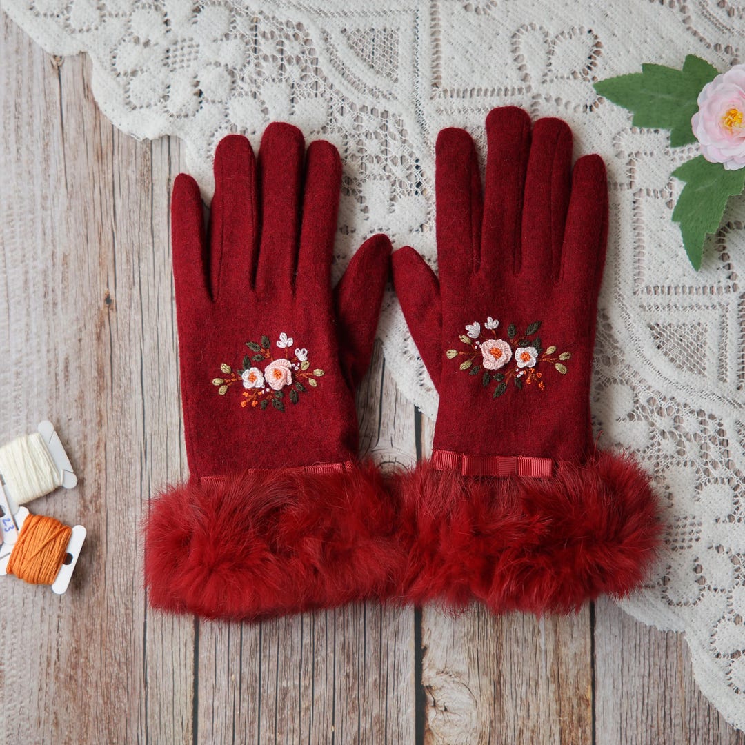 Hand-embroidered Wool Gloves | Floral Design, Faux Fur Cuff - Etsy
