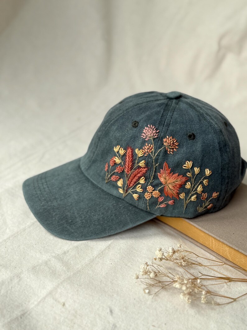 Embroidered Floral Baseball Cap: Handmade Moss Green Cotton Hat ...