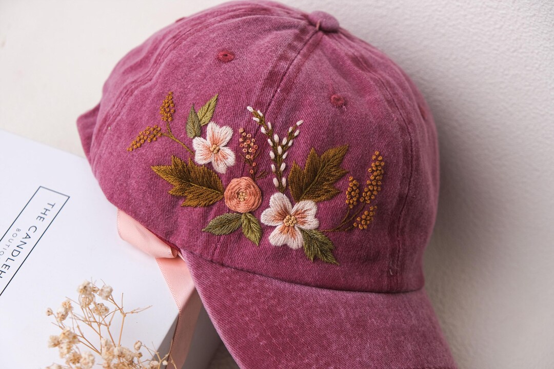 Wine Red Floral Embroidered Baseball Cap: Handmade Cotton Hat - Etsy