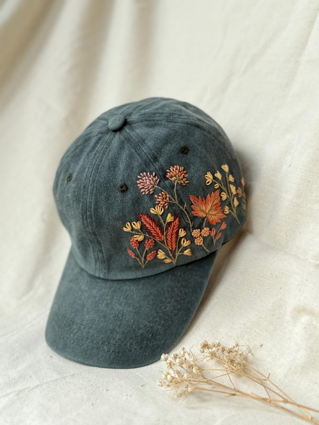 Embroidered Floral Baseball Cap: Handmade Moss Green Cotton Hat ...