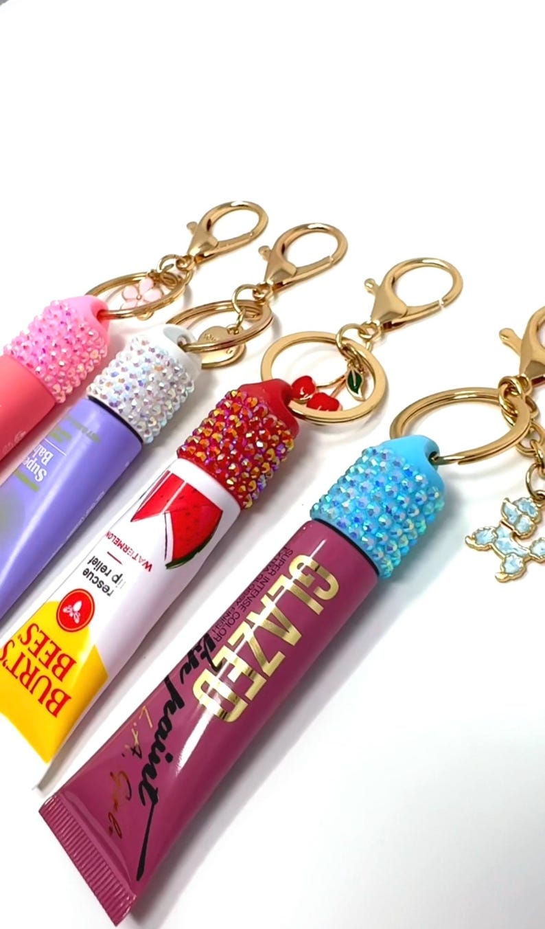 Lip Gloss Cap Keychain Bedazzled Summer Friday Lip Balm Holder Cute Charm Keychain Cute Gift for ...