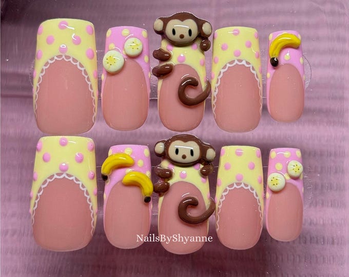 Handmade Pink and Yellow 3D Monkey Nails - Etsy