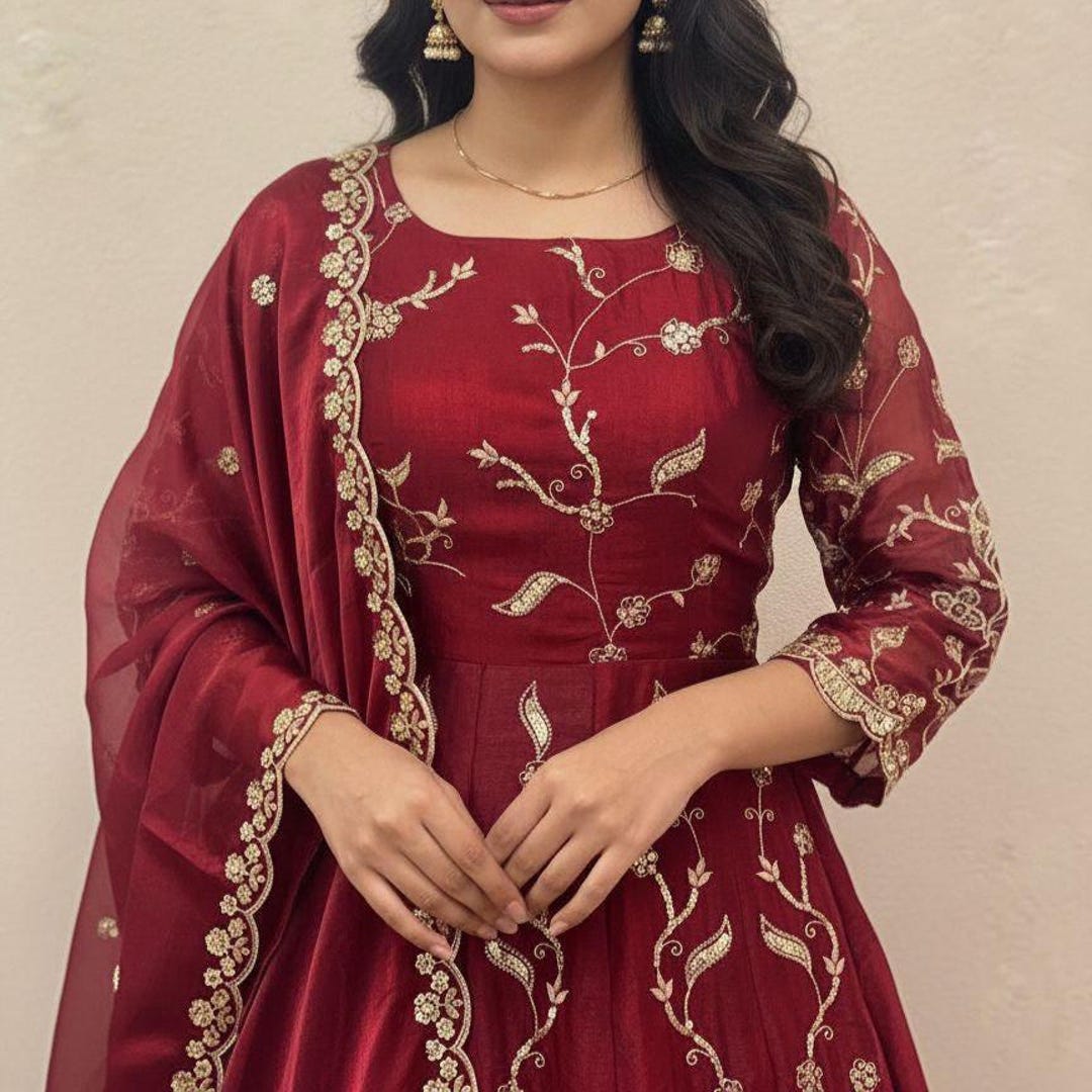 Sequin Embroidery Anarkali Suit: Fandy Silk Party Outfit - Etsy