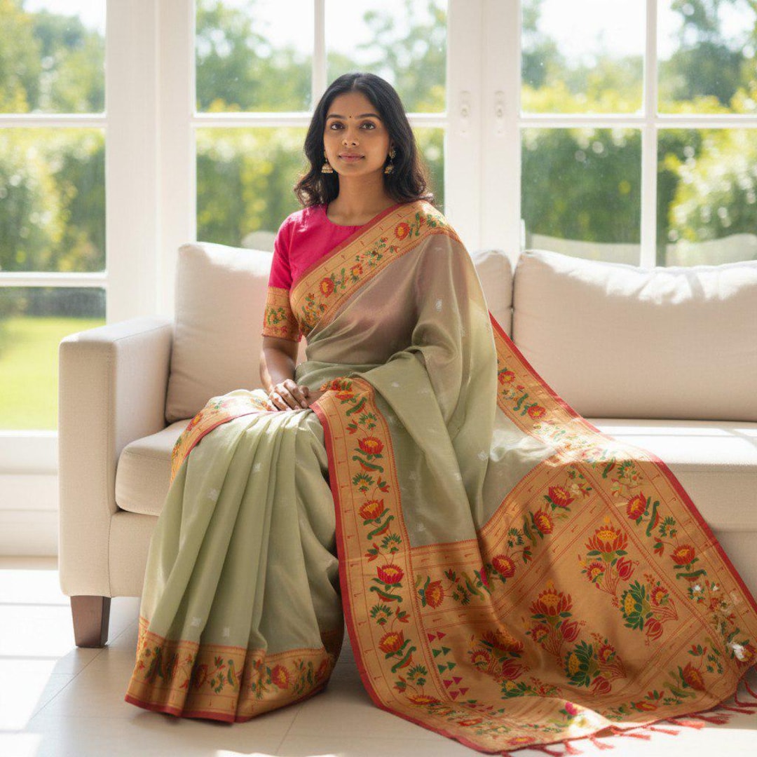 Tissue Silk Paithani Saree | Lotus Zari Border, Wedding Partywear - Etsy