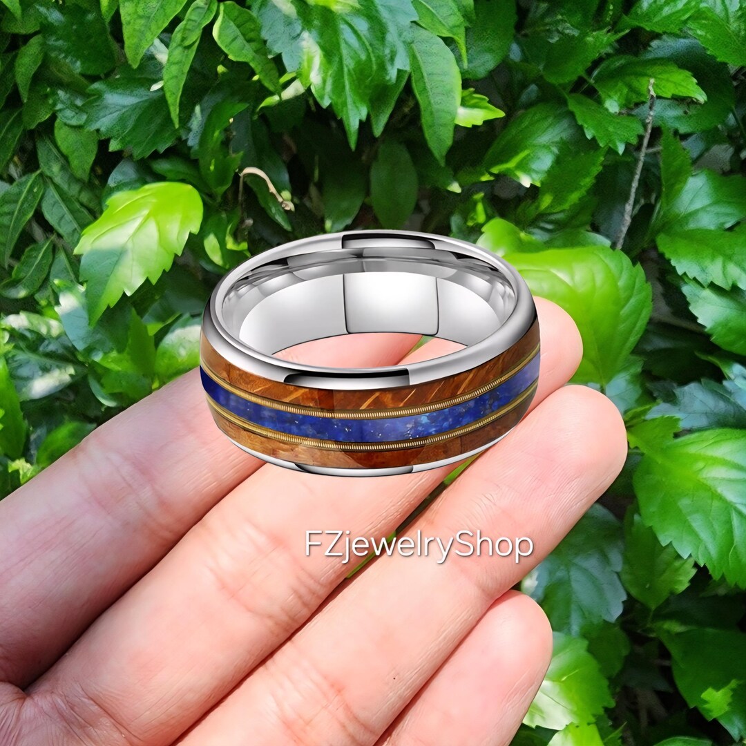 Tungsten Carbide Ring: Whisky Wood, Lapis Lazuli & Guitar String Inlay ...
