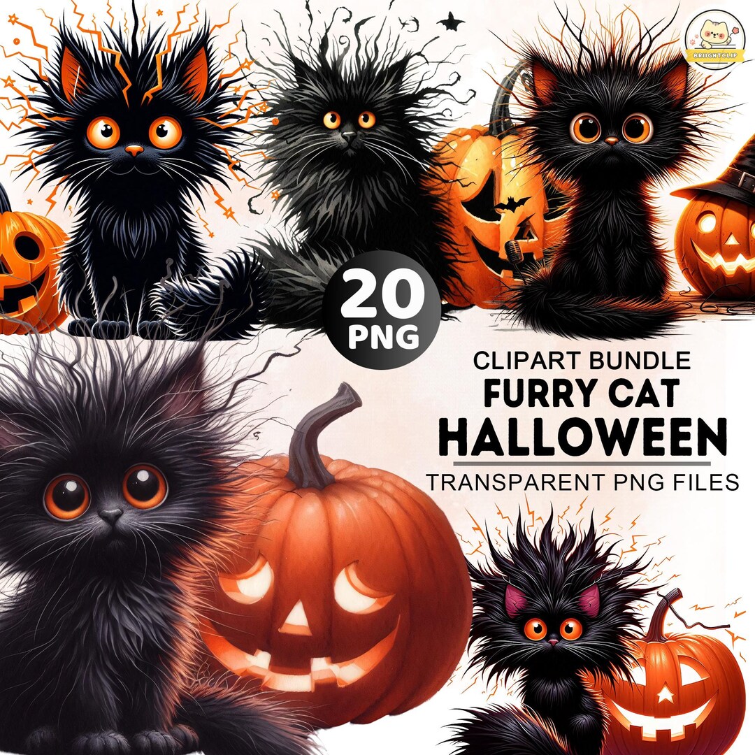 Watercolor Halloween Cats Clipart Bundle, Cute Furry Pet Png, Pumpkins ...