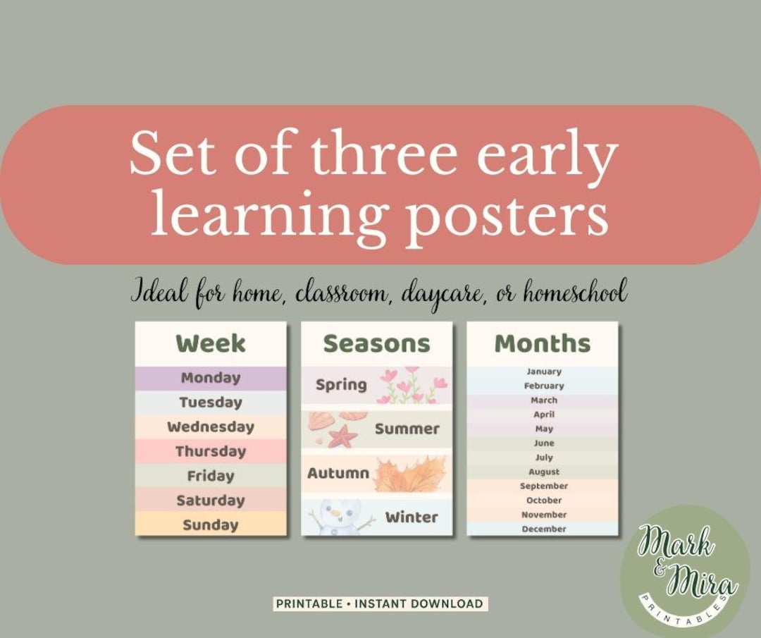 Months, Seasons, Days of the Week Learning Poster Set (digital Download ...
