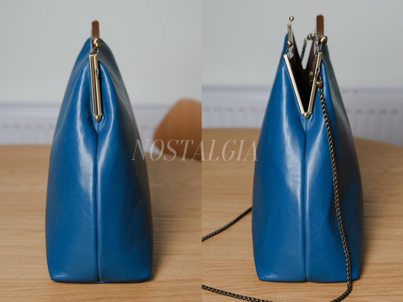 Handmade Genuine Lambskin Kiss Lock Clutch/retro Prussian Blue Leather ...