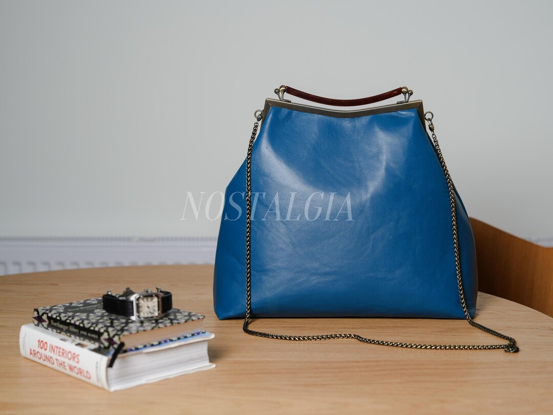Handmade Genuine Lambskin Kiss Lock Clutch/retro Prussian Blue Leather ...