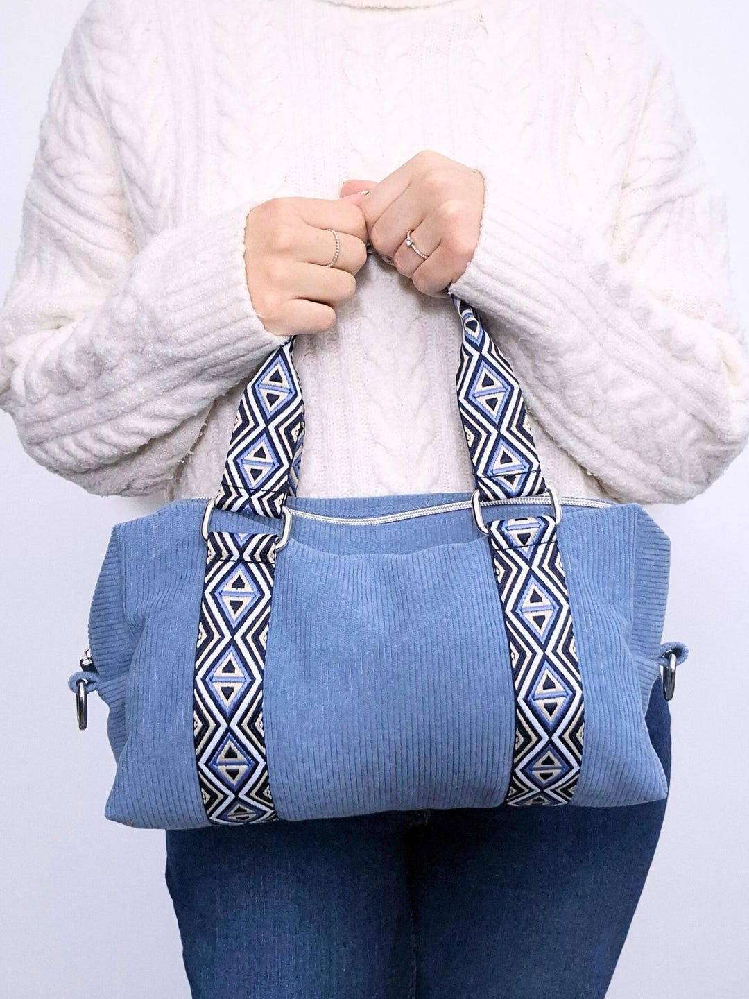 Handmade Boho Chic Boston Bag in Blue Corduroy With Ethnic Patterned ...