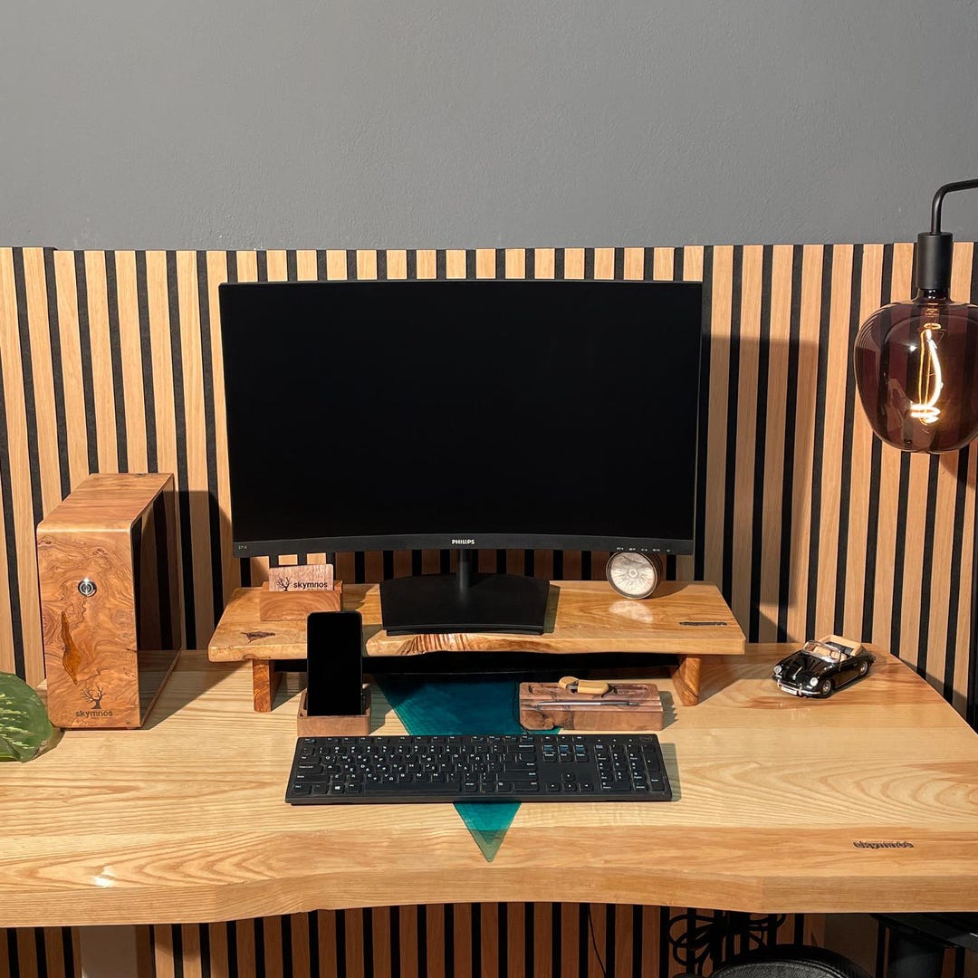Handmade Olive Wood Monitor Stand – Natural Ergonomic Riser for Mac, PC ...