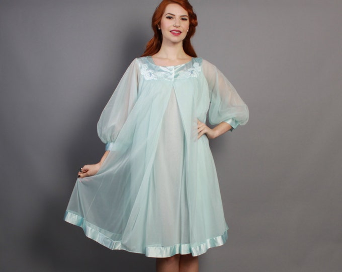 60s Nightgown And Peignoir Set Light Blue Embroidered Satin S Etsy