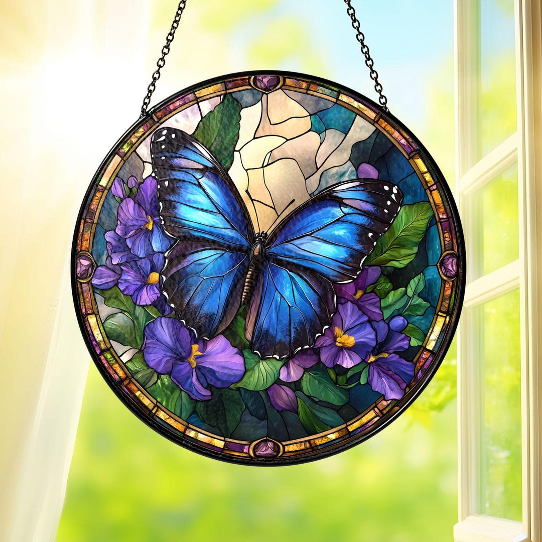 Blue Butterfly Stained Glass Suncatcher, Floral Window Hanging Decor ...