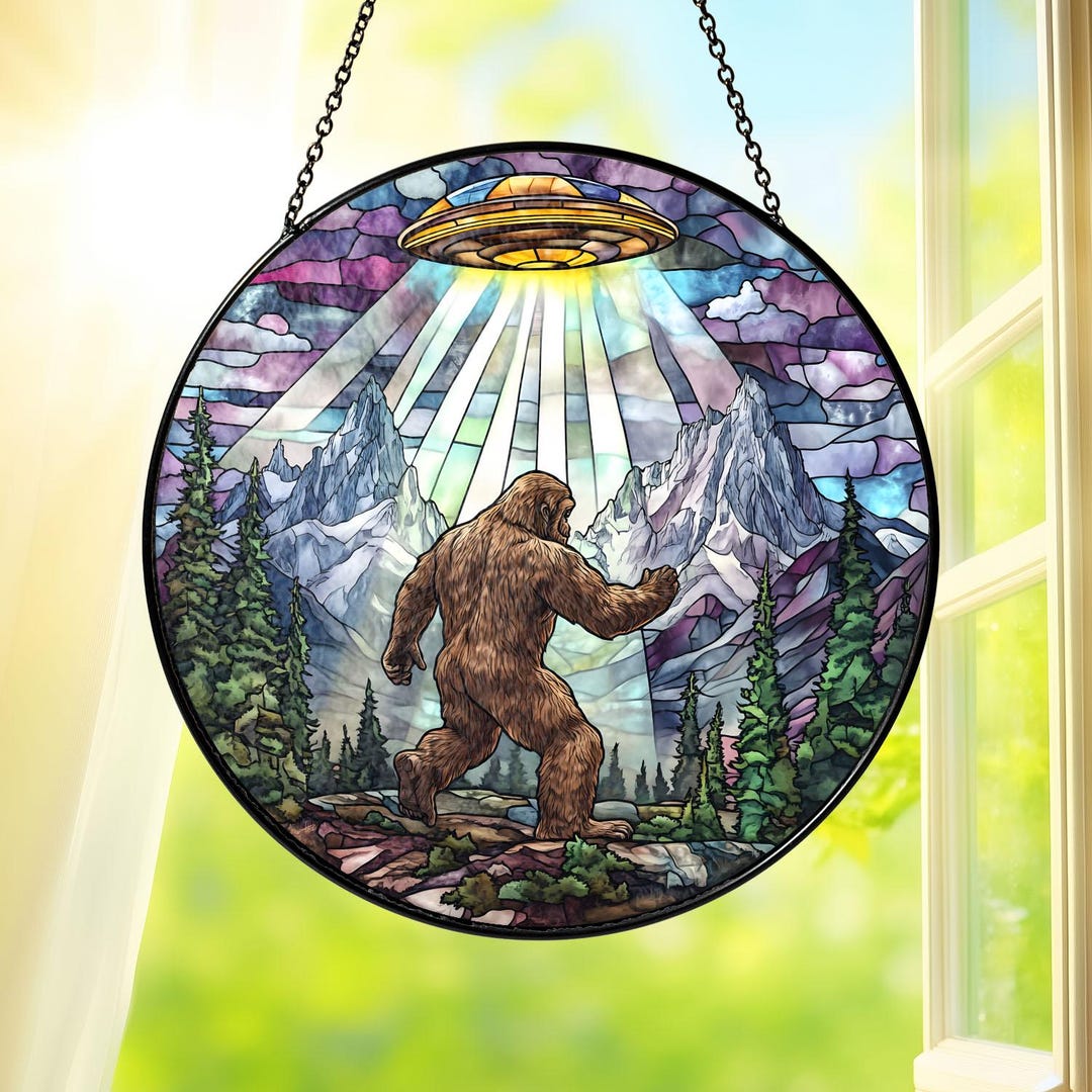 Bigfoot UFO Stained Glass Suncatcher, Sasquatch Mountain Window Hanging ...