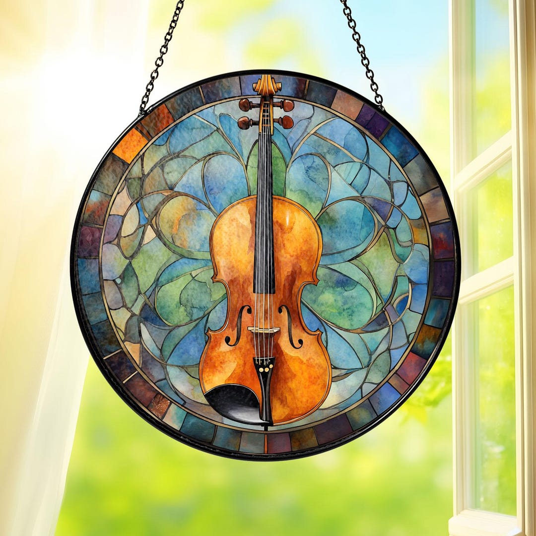 Violin Stained Glass Suncatcher Round Window Hanging Decor, Music Art ...