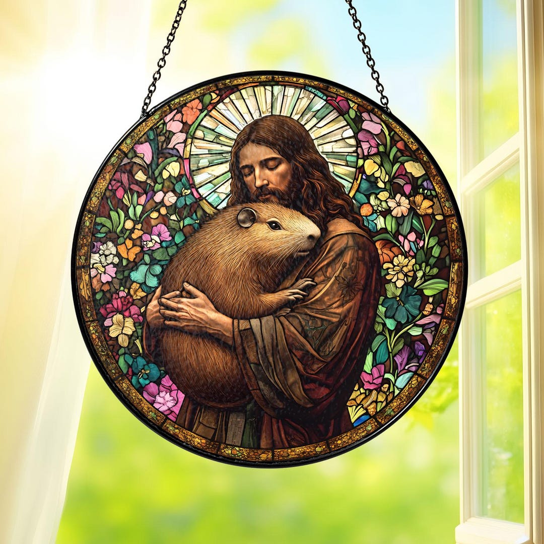 Jesus Hugging Capybara Stained Glass Suncatcher, Christian Window ...