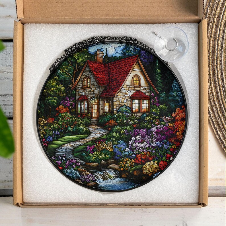 Cottage Stained Glass Suncatcher Window Hanging, Colorful Garden House ...