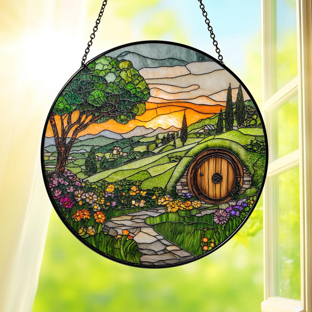 Hobbit House Stained Glass Suncatcher, Fantasy Landscape Window Hanging ...