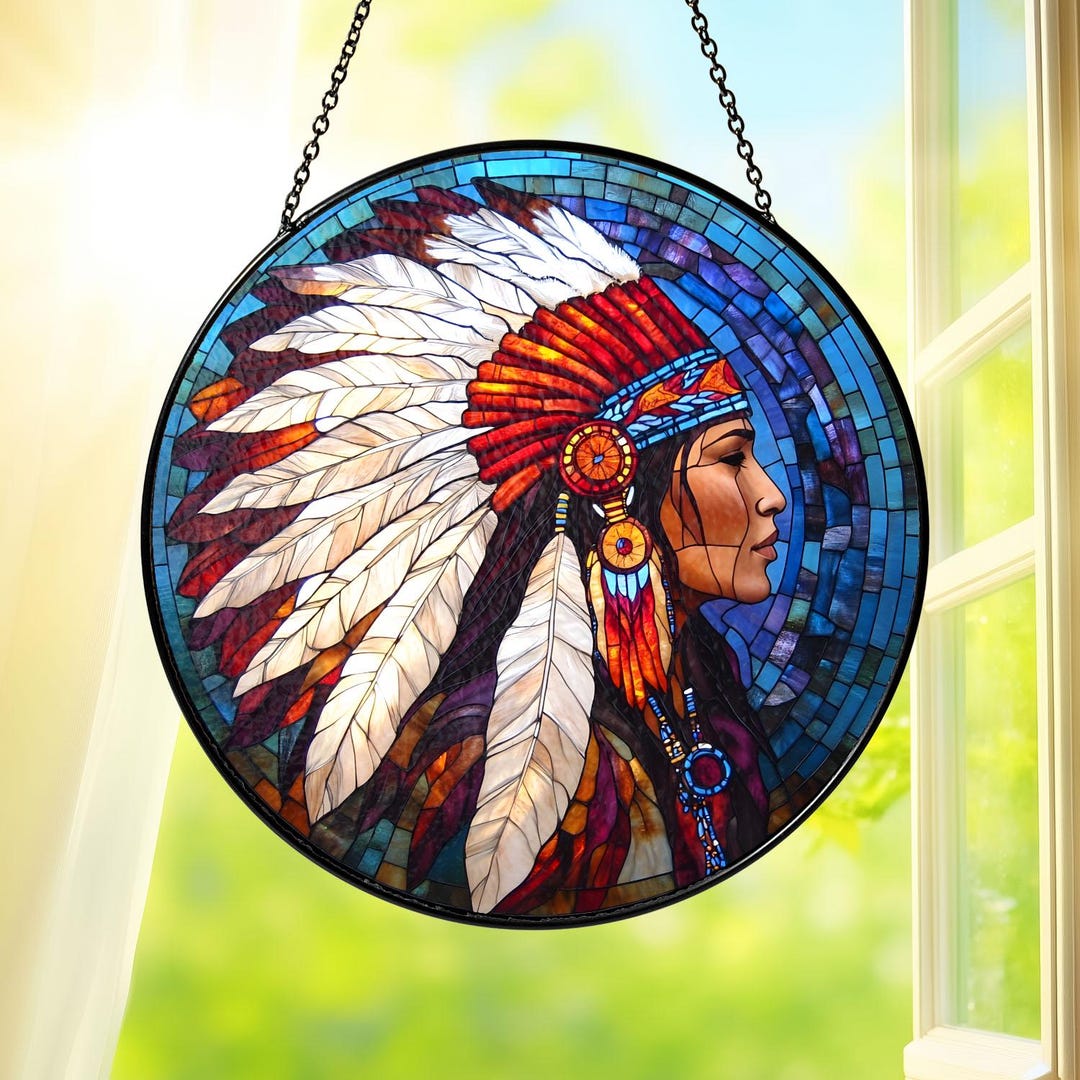 Native American Woman Stained Glass Suncatcher, Boho Window Hanging Art ...