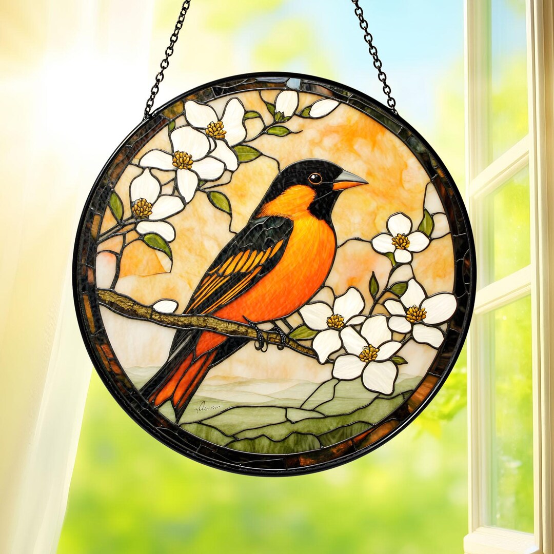 Oriole Bird Stained Glass Suncatcher, Oriole Bird Round Window Hanging ...