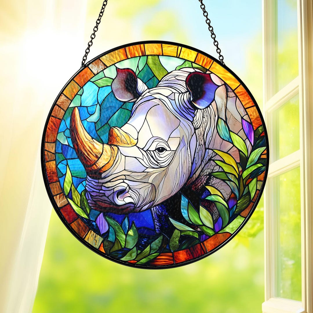Rhinoceros Stained Glass Suncatcher, Wildlife Window Hanging ...