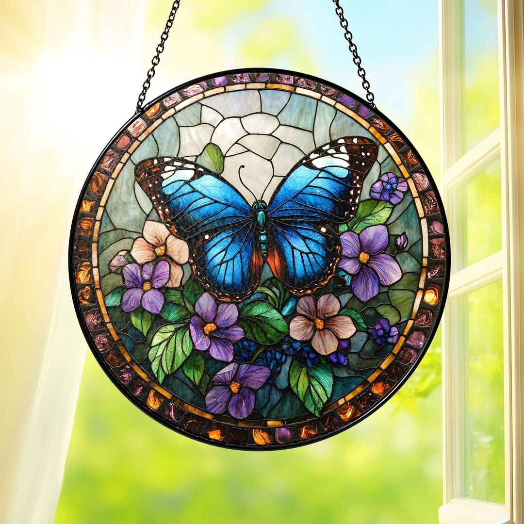 Blue Butterfly Stained Glass Suncatcher, Round Butterfly Floral Window ...