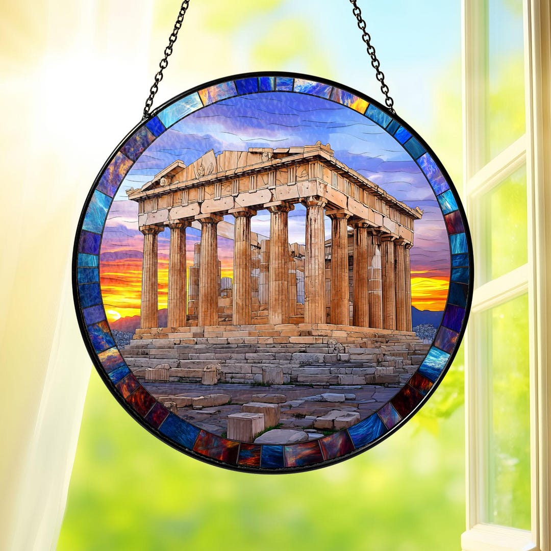 Parthenon Stained Glass Suncatcher, Ancient Greek Temple Window Hanging ...