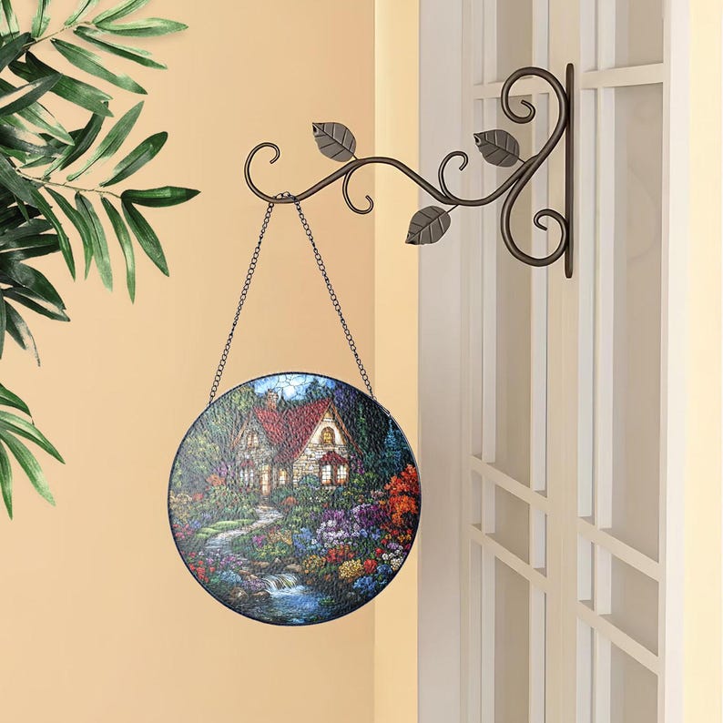 Cottage Stained Glass Suncatcher Window Hanging, Colorful Garden House ...