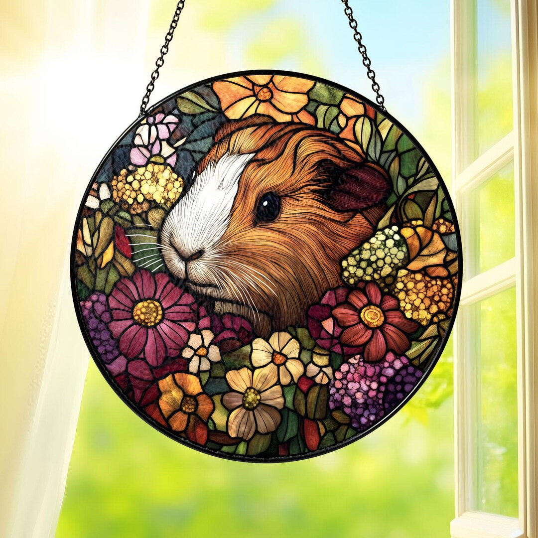 Guinea Pig Stained Glass Suncatcher, Floral Window Hanging, Cute Pet ...