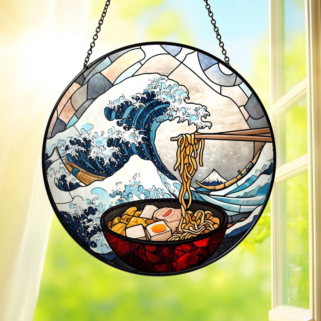Japanese Ramen Stained Glass Suncatcher, Great Wave Window Hanging Art ...