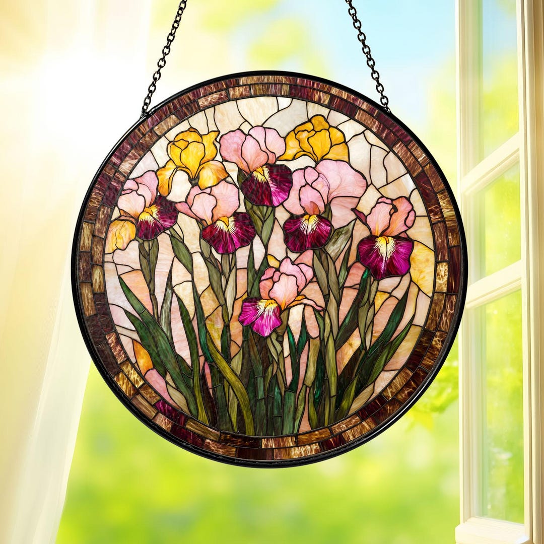Iris Flower Stained Glass Suncatcher, Iris Flower Round Window Hanging ...