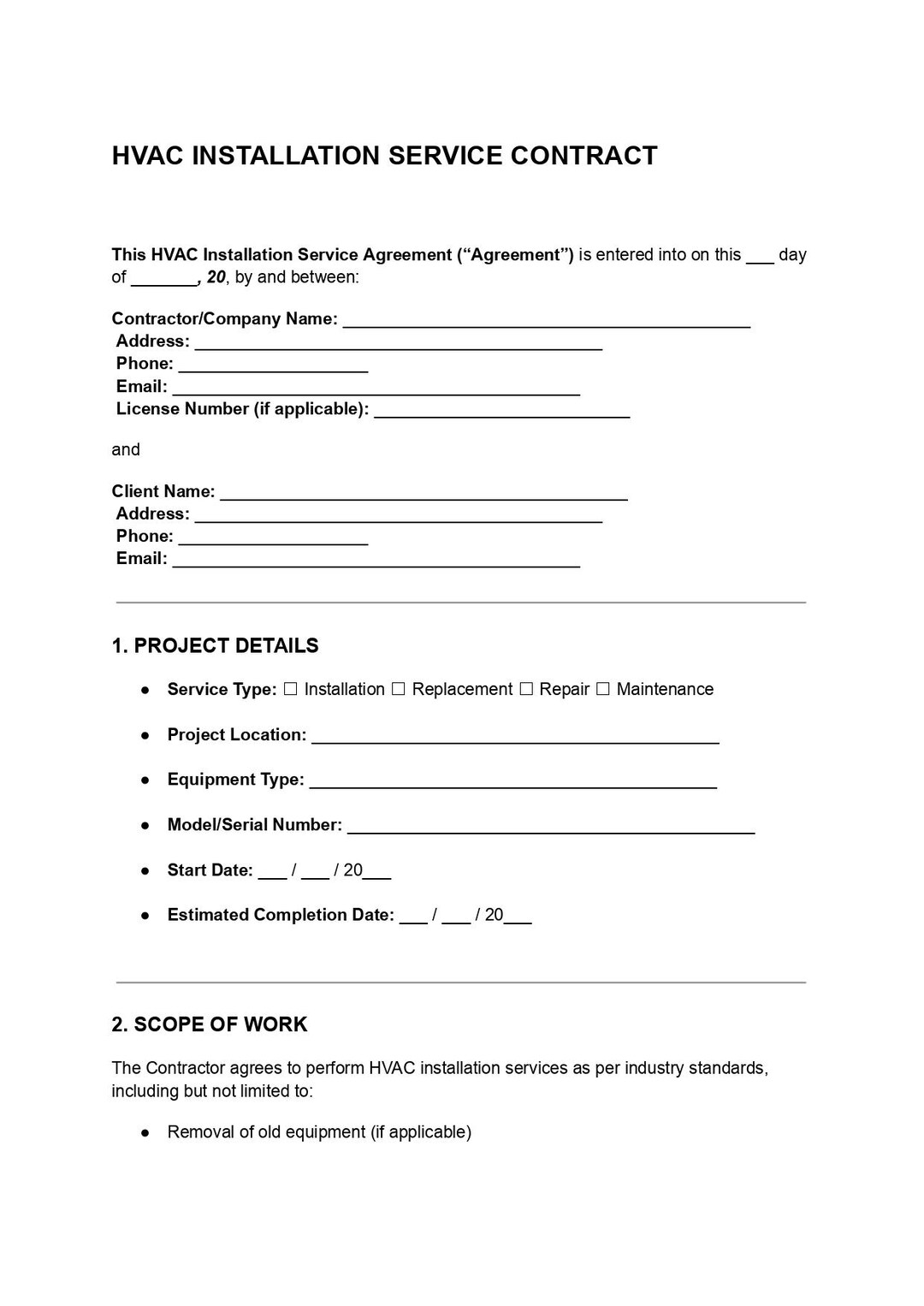 HVAC Installation Service Contract | Editable DOC PDF | Heating Cooling ...