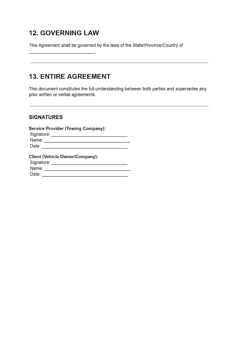 Towing Service Contract, Tow Truck Agreement, Doc Pdf - Etsy