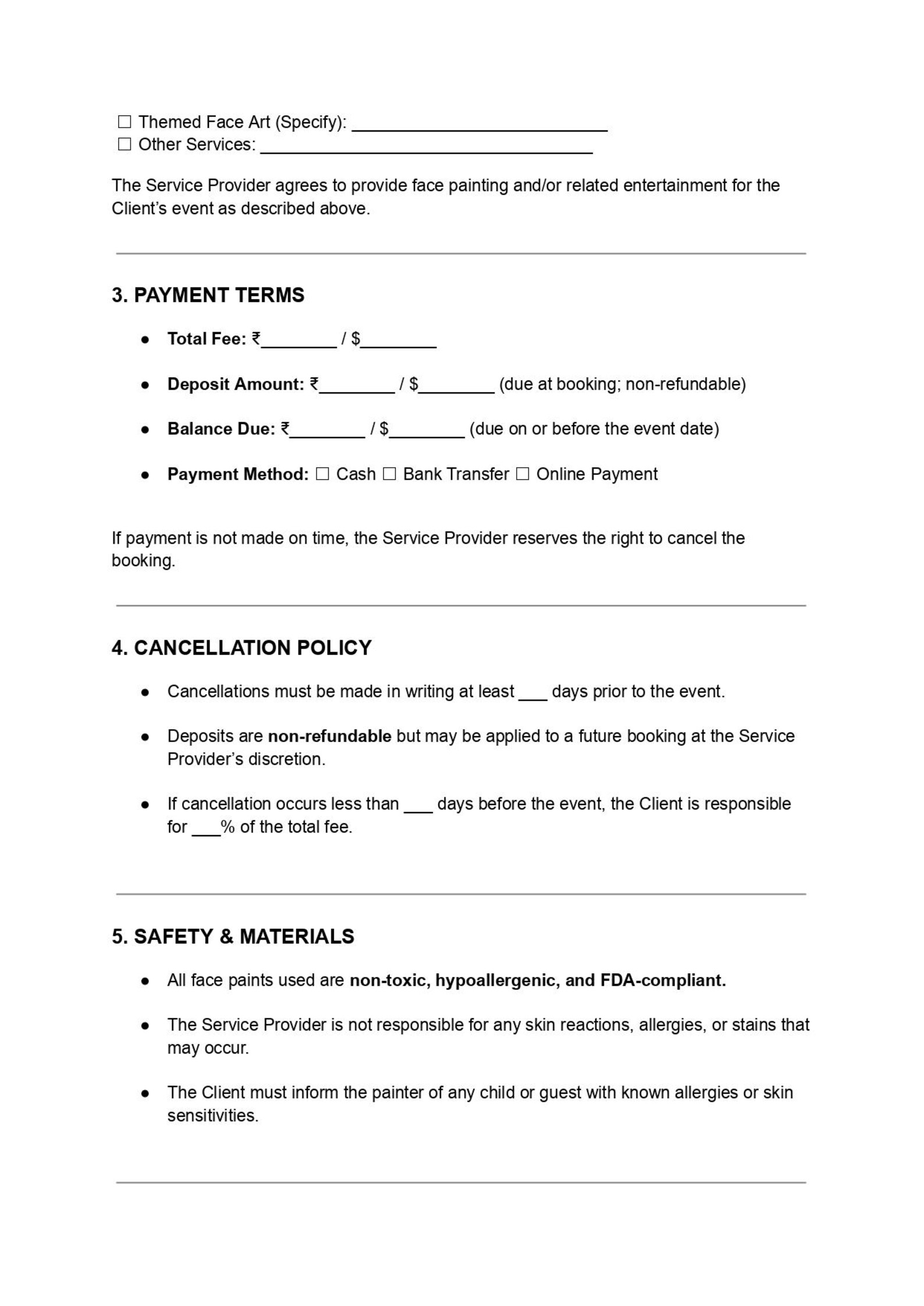 Face Painting Contract Template | Event Artist Agreement (DOC, PDF) - Etsy
