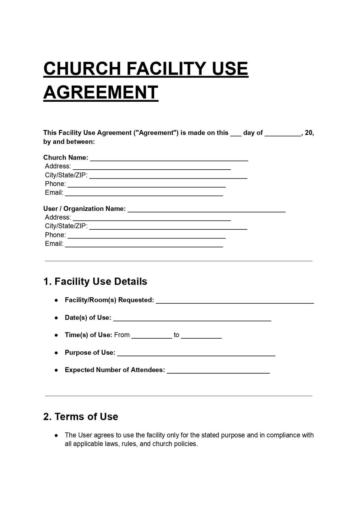 Church Facility Use Agreement Template: Editable DOC & PDF Instant Download - Etsy