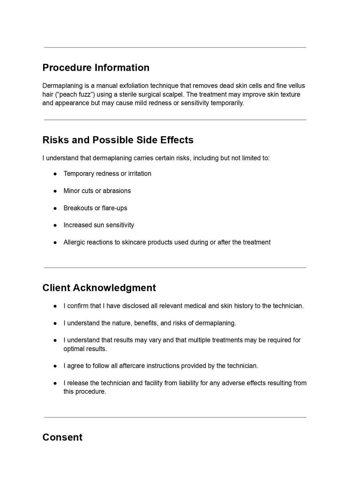 Dermaplaning Consent Form Template: Editable DOC & PDF Waiver - Etsy
