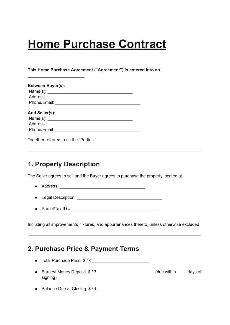 Editable Home Purchase Contract Template (PDF + DOC) - Etsy
