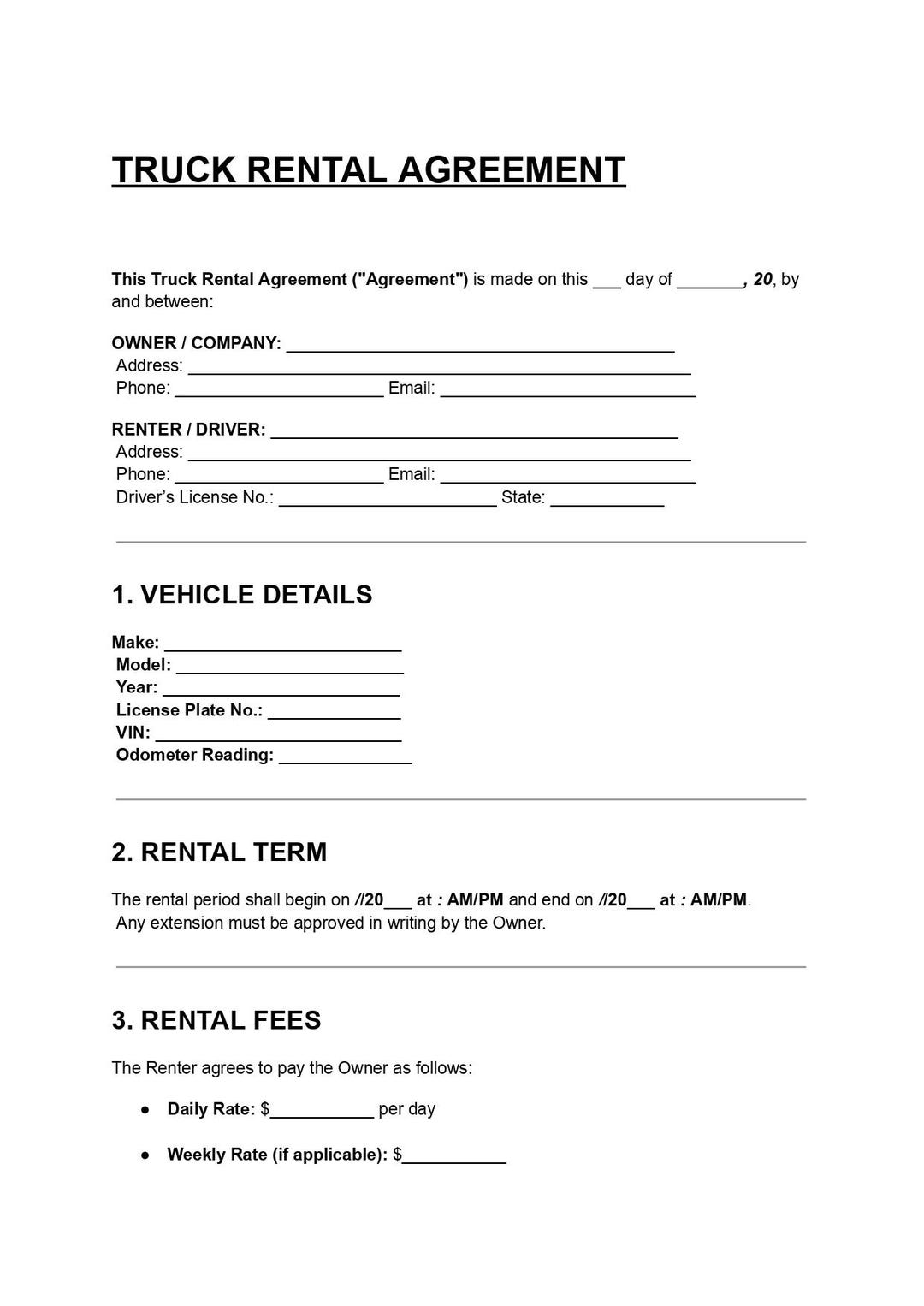 Truck Rental Agreement, Vehicle Lease Form, Doc Pdf - Etsy
