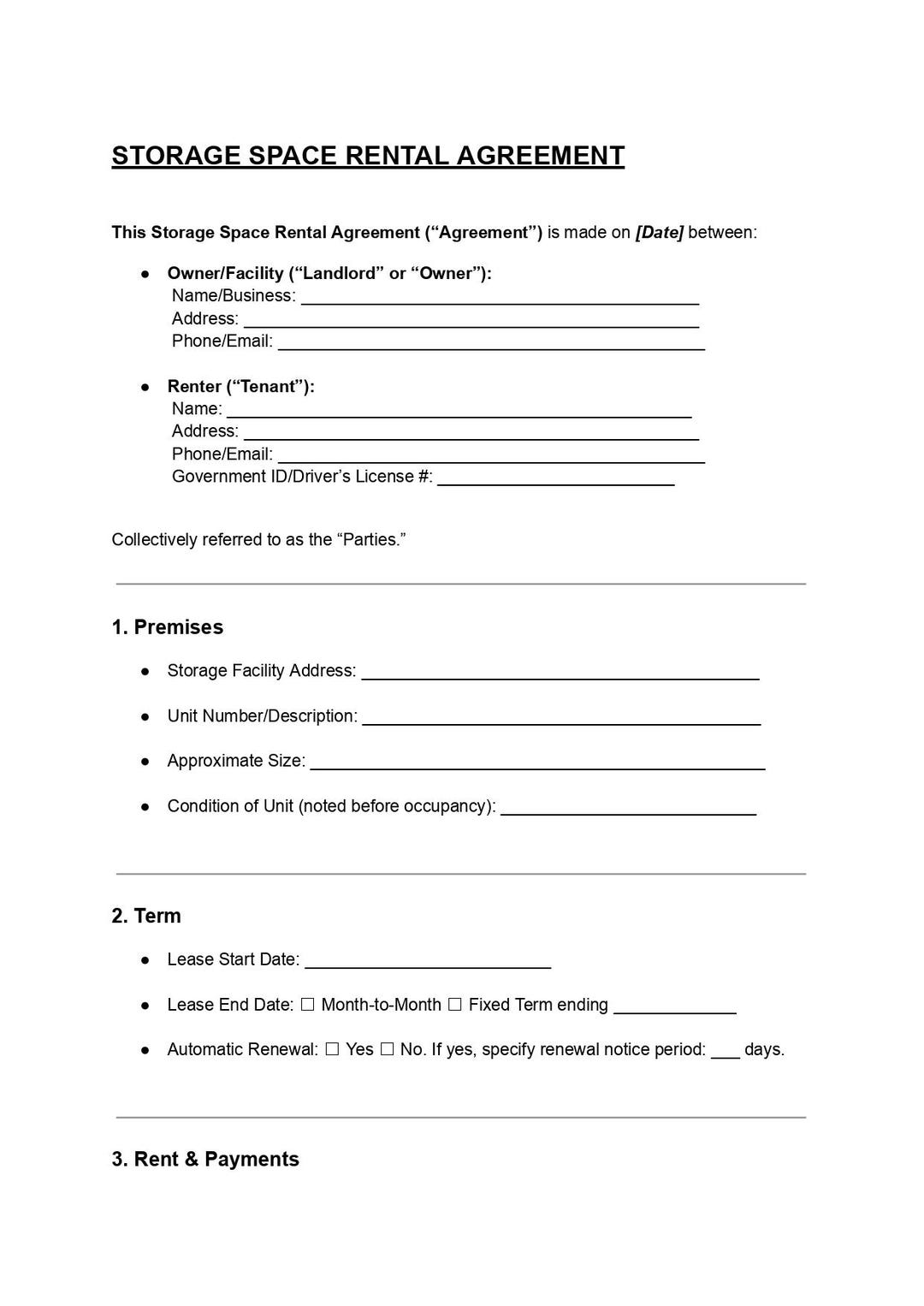 Storage Space Rental Agreement Template | Editable DOC & PDF | Facility ...