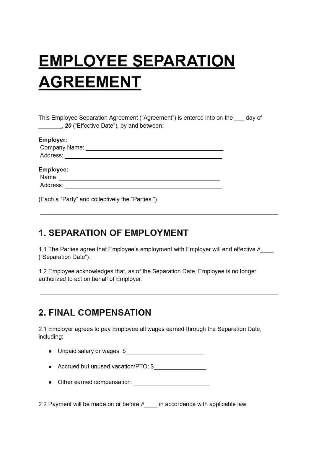Employee Separation Agreement Template: Editable PDF & DOC for HR - Etsy