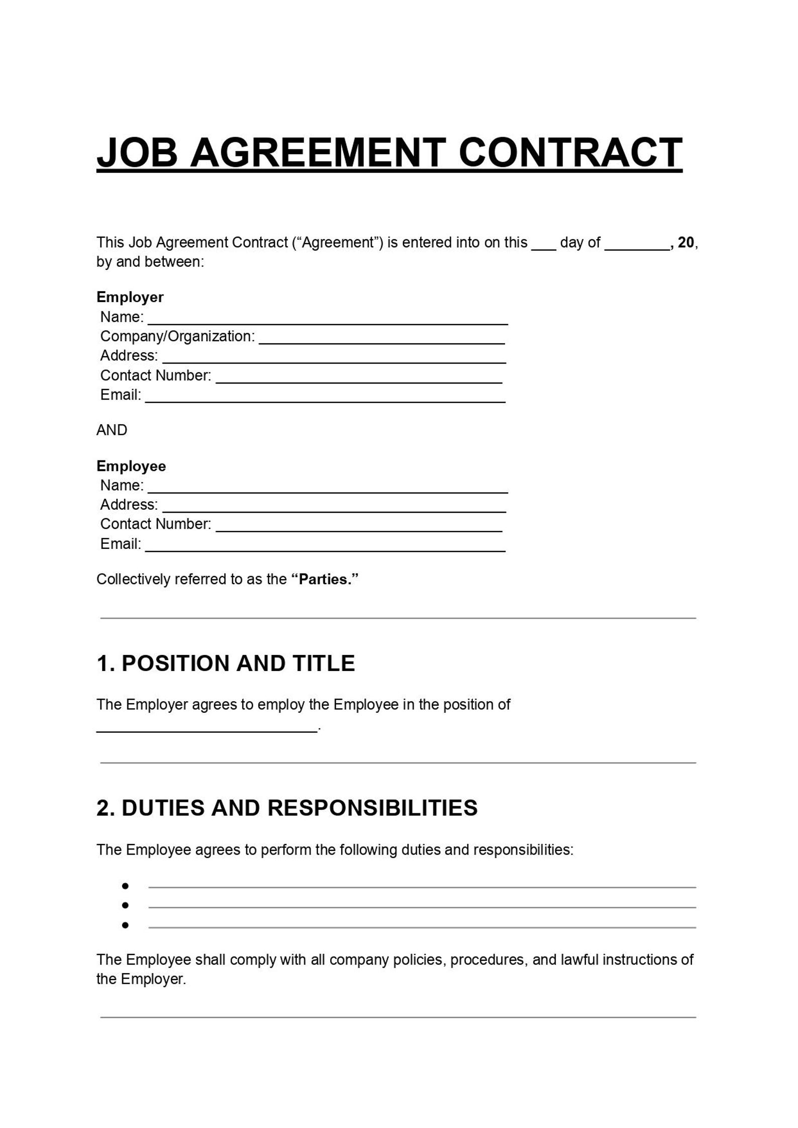 Job Agreement Contract Template | Editable PDF & DOC | Employment Terms ...