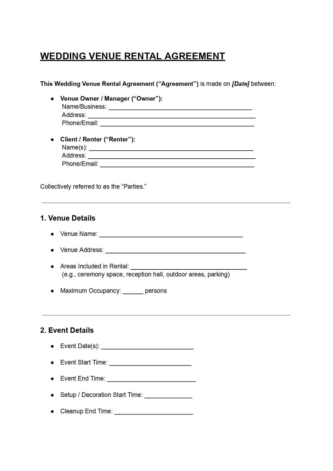 Wedding Venue Rental Agreement Template | Editable DOC & PDF | Event ...