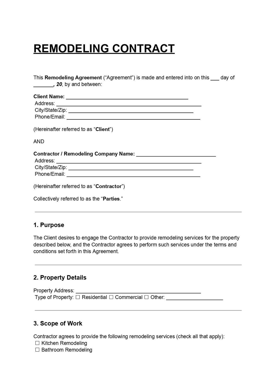 Remodeling Contract Template | Home Renovation Agreement | Editable DOC ...