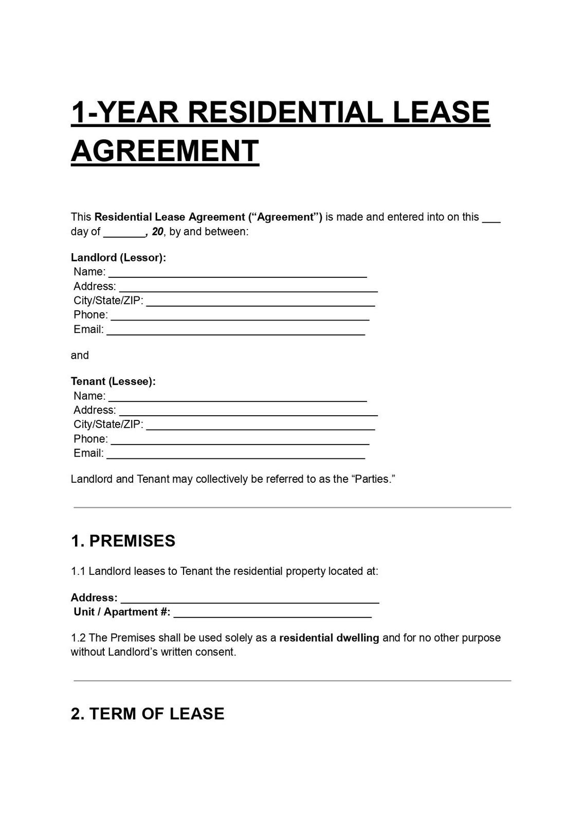 1-year Residential Lease Agreement | Editable Rental Contract Template ...