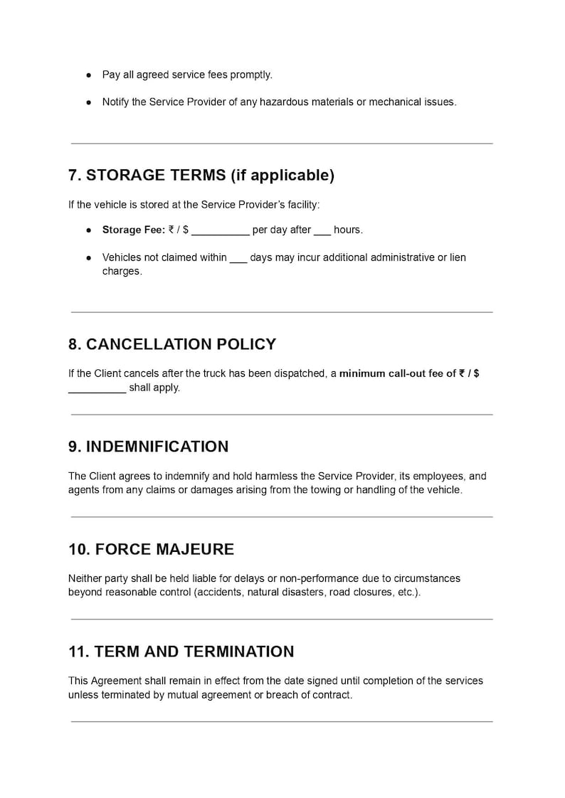 Towing Service Contract, Tow Truck Agreement, Doc Pdf - Etsy