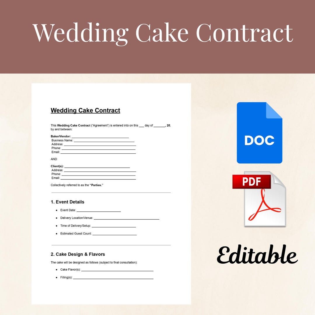 Wedding Cake Contract Template: Bakery Agreement (PDF & DOC) - Etsy