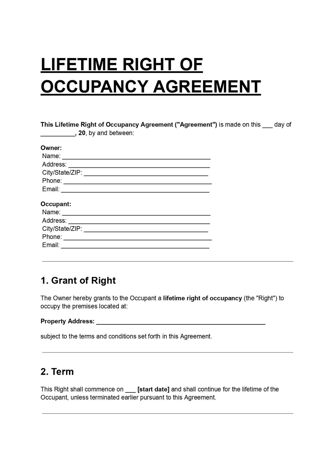 Lifetime Right of Occupancy Agreement Template: Editable Legal Forms ...